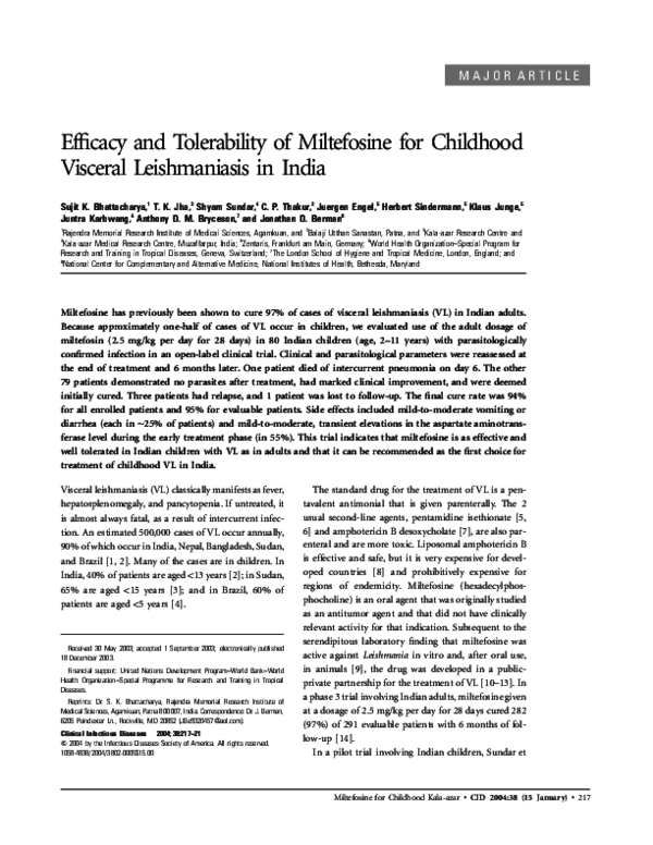 (PDF) Efficacy and Tolerability of Miltefosine for Childhood Visceral ...