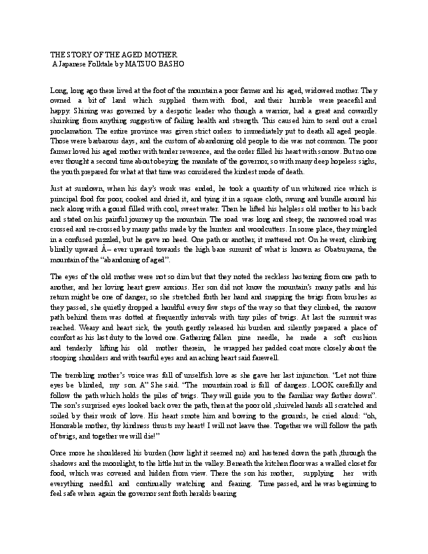 (DOC) THE STORY OF THE AGED MOTHER A Japanese Folktale by MATSUO BASHO