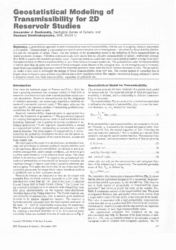(PDF) Geostatistical Modeling of Transmissibility for 2D Reservoir Studies
