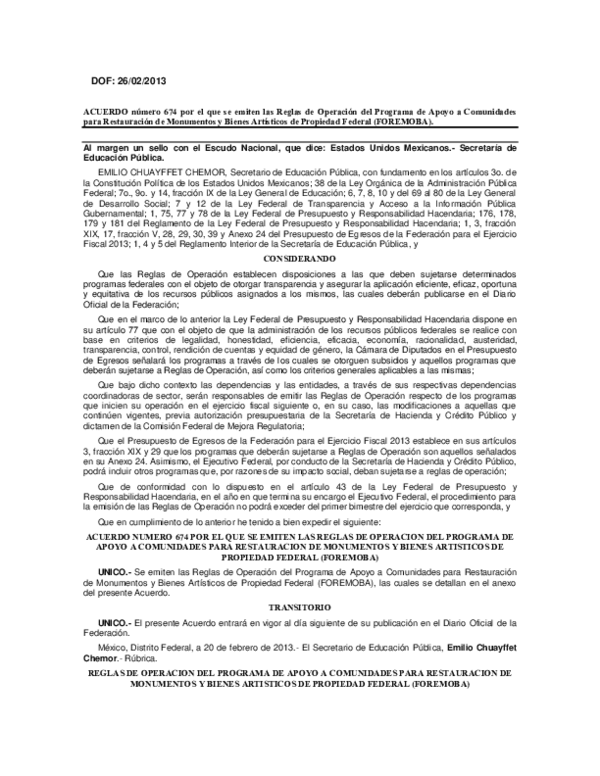 (PDF) DOF: 26/02/2013 ACUERDO número 674 por el que se emiten las Reglas de Operación del ...