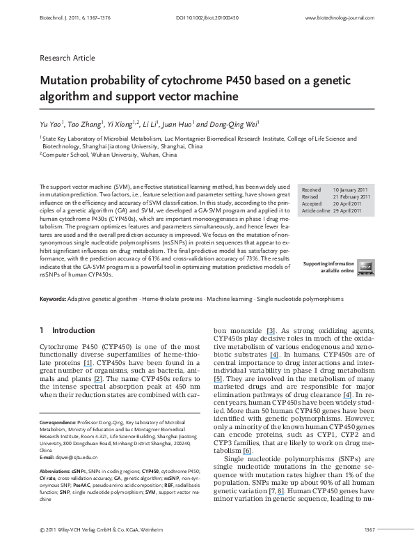 (PDF) Mutation probability of cytochrome P450 based on a genetic algorithm and support vector ...
