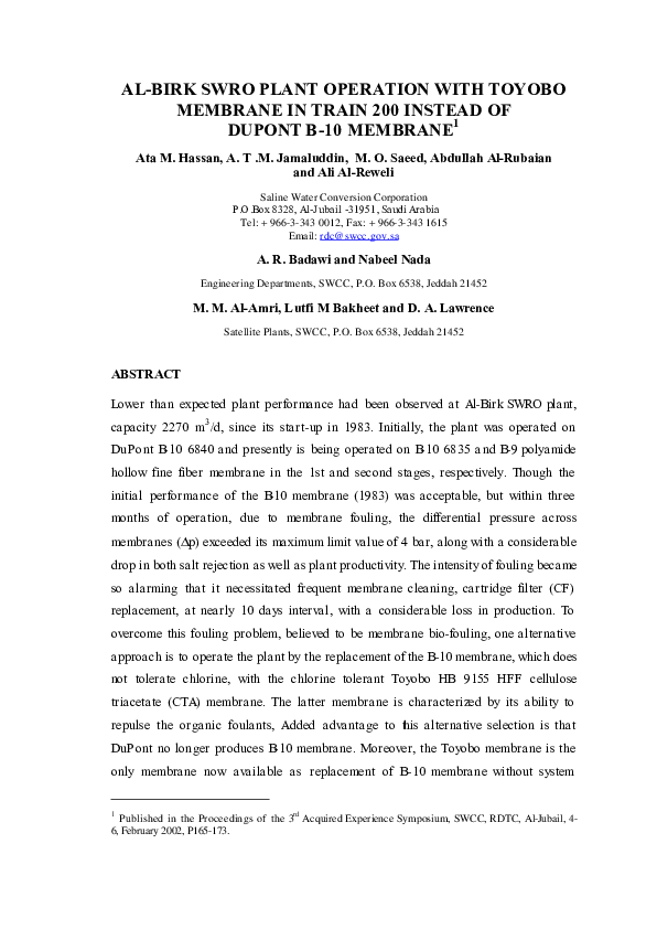 (PDF) AL-BIRK SWRO PLANT OPERATION WITH TOYOBO MEMBRANE IN TRAIN 200 ...