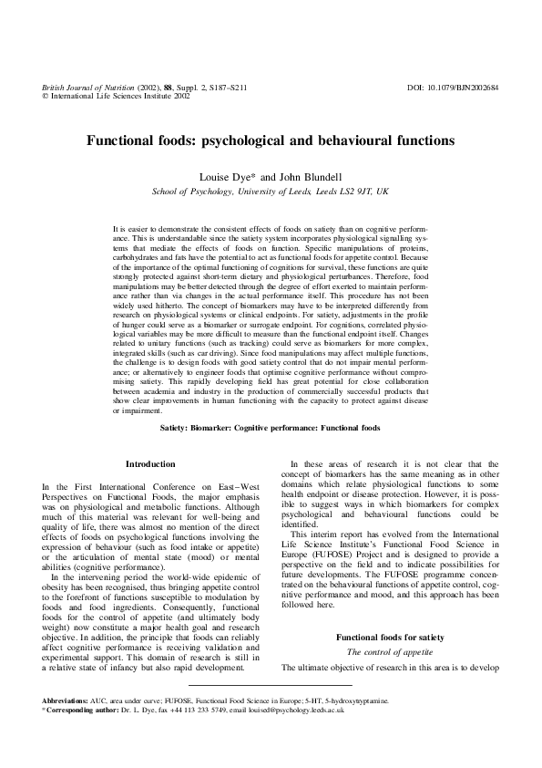 (PDF) Functional foods: psychological and behavioural functions