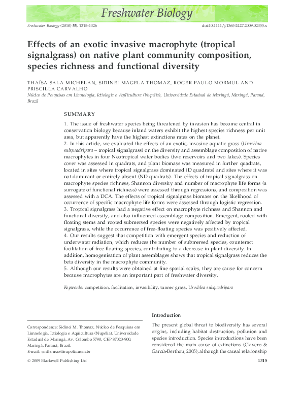 (PDF) Effects of an exotic invasive macrophyte (tropical signalgrass) on native plant community ...