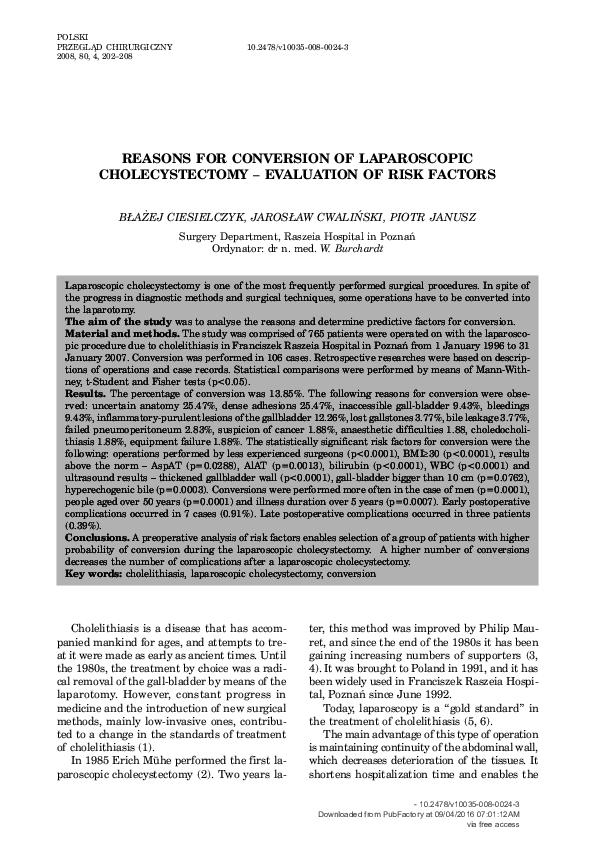 (PDF) Reasons for Conversion of Laparoscopic Cholecystectomy - Evaluation of Risk Factors