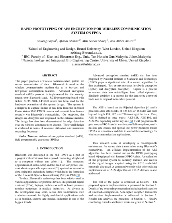 (PDF) Rapid prototyping of AES encryption for wireless communication ...