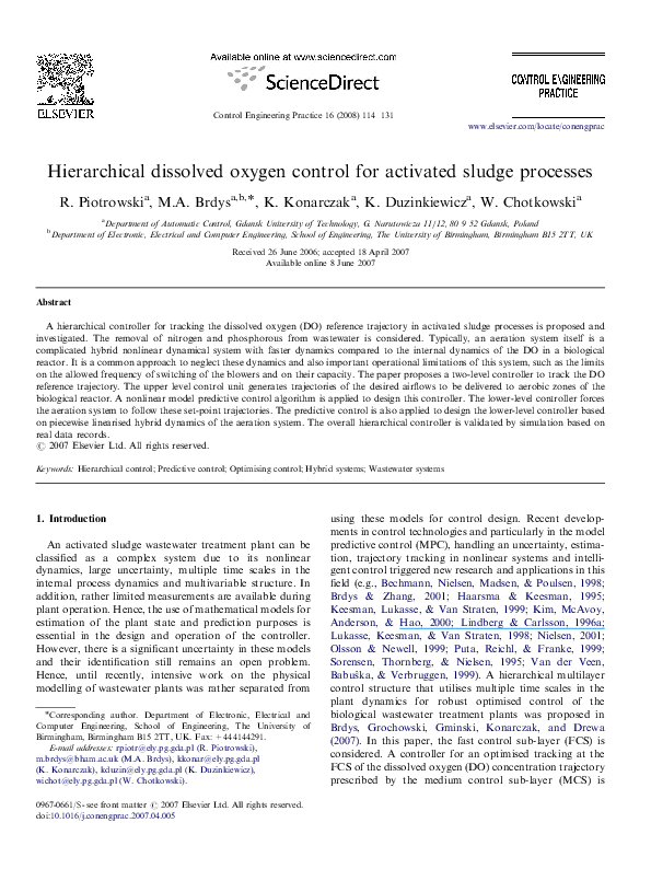 (PDF) Hierarchical dissolved oxygen control for activated sludge processes