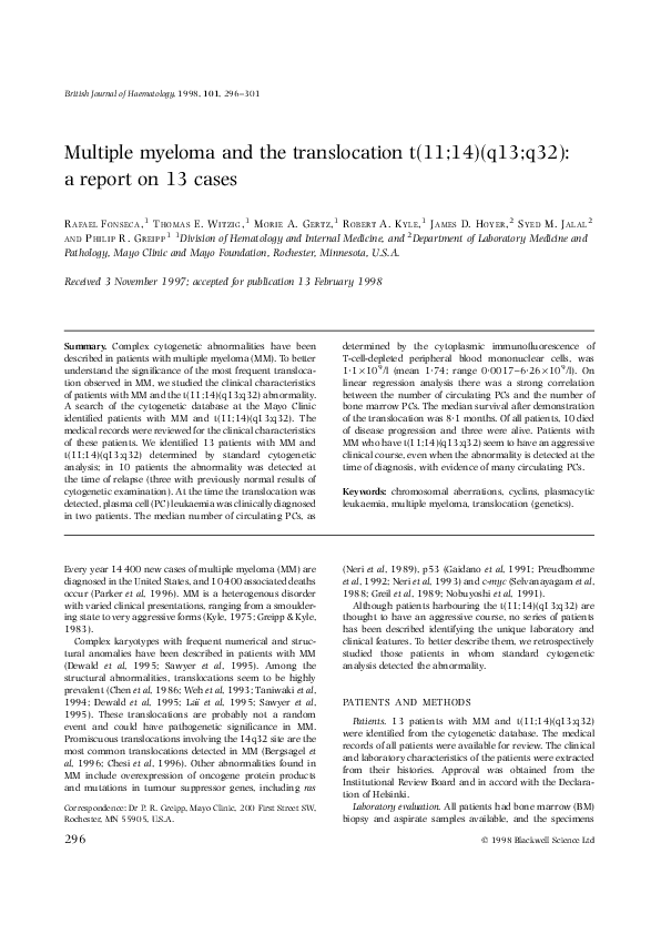 (PDF) Multiple myeloma and the translocation t(11;14)(q13;q32): a ...