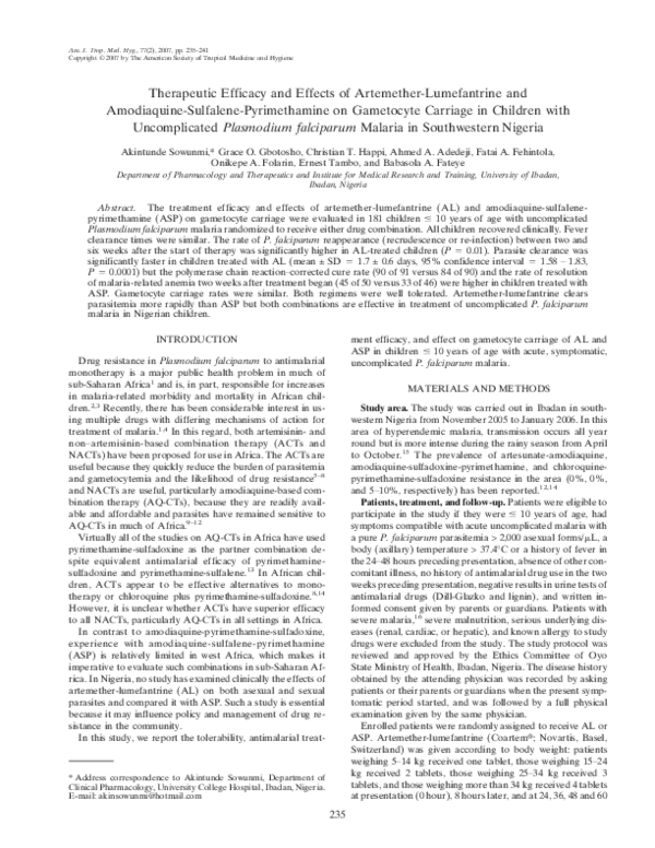 (PDF) Therapeutic Efficacy and Effects of Artemether-Lumefantrine and ...