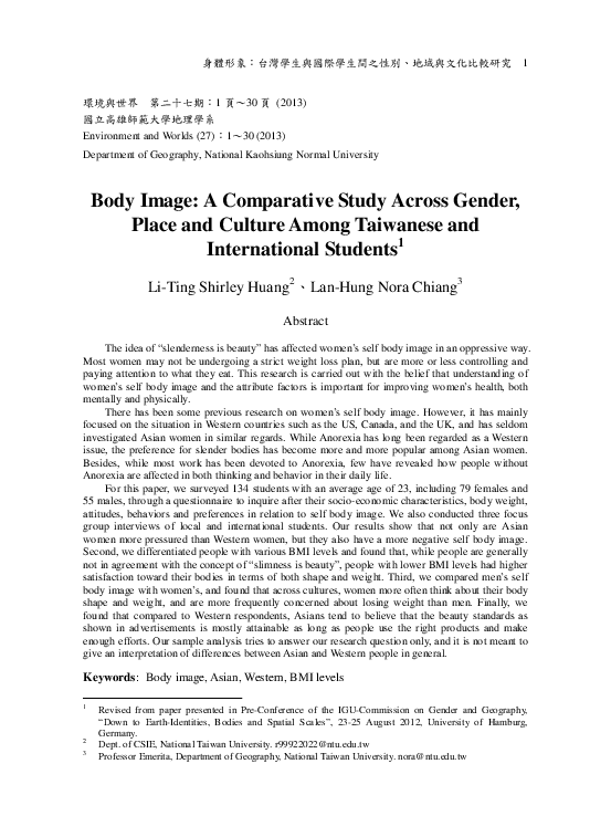 (PDF) Body Image: A Comparative Study Across Gender, Place and Culture ...