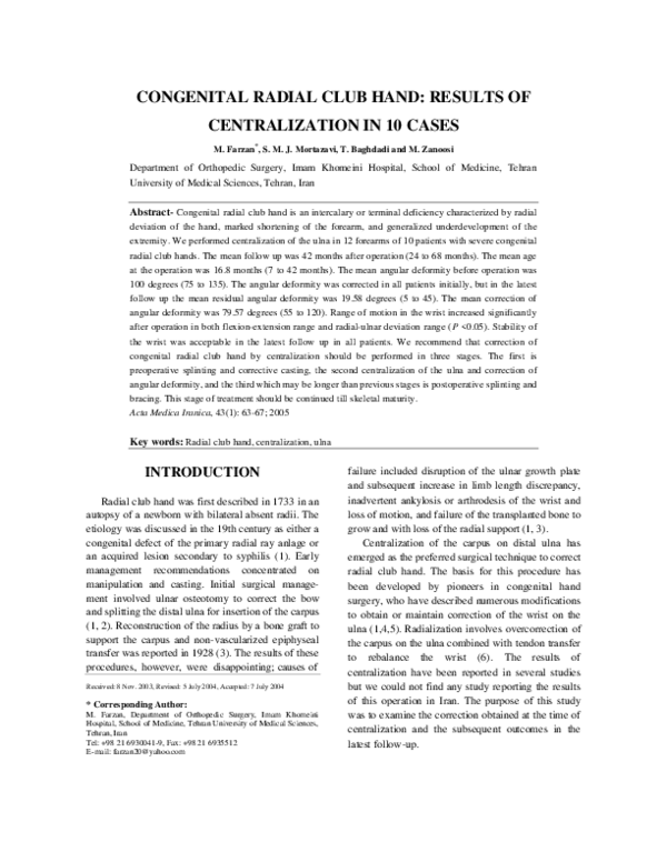 (PDF) Congenital Radial Club Hand: Results of Centralization in 10 Cases