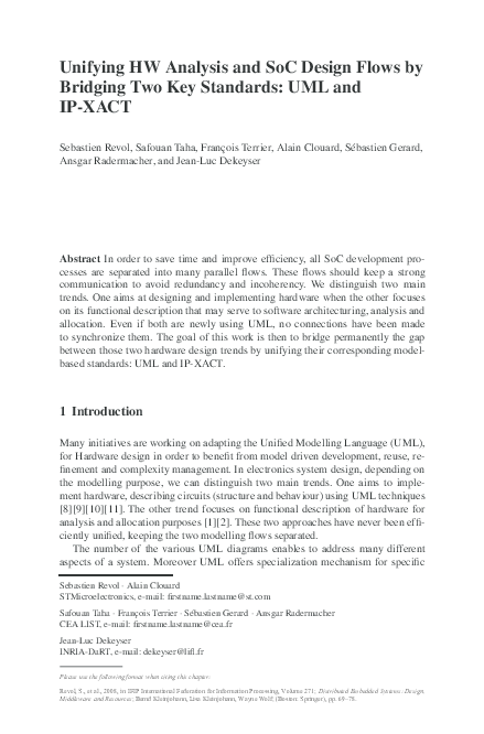 Pdf Unifying Hw Analysis And Soc Design Flows By Bridging Two Key Standards Uml And Ip Xact