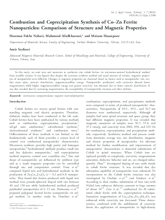 (PDF) Combustion and Coprecipitation Synthesis of Co–Zn Ferrite Nanoparticles: Comparison of ...