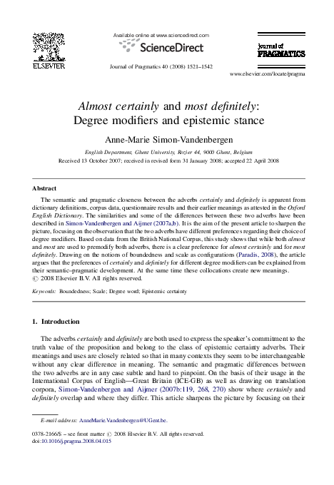 (PDF) Almost certainly and most definitely: Degree modifiers and ...