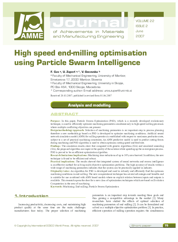 Pdf High Speed End Milling Optimisation Using Particle Swarm Intelligence