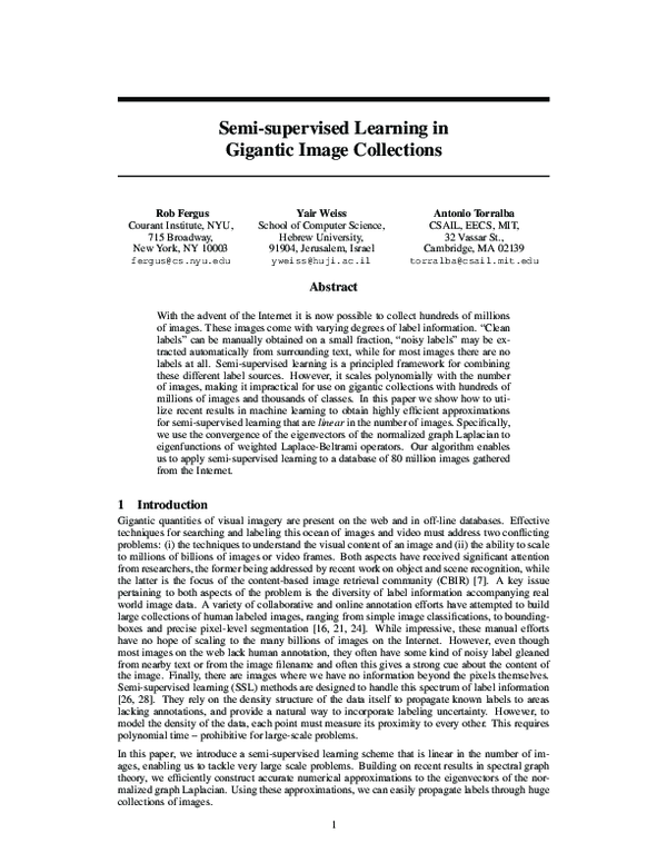 (PDF) Semi-supervised learning in gigantic image collections