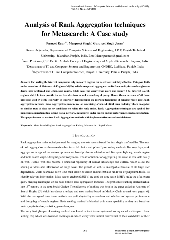 (PDF) Analysis of Rank Aggregation techniques for Metasearch: A Case study