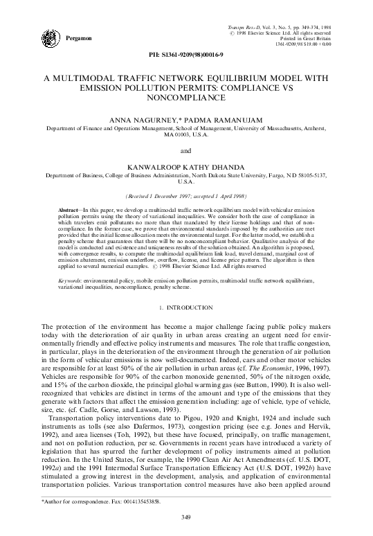 (PDF) A multimodal traffic network equilibrium model with emission pollution permits: compliance ...