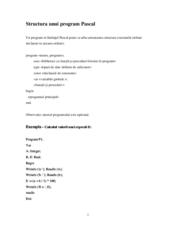 (PDF) Structura unui program Pascal