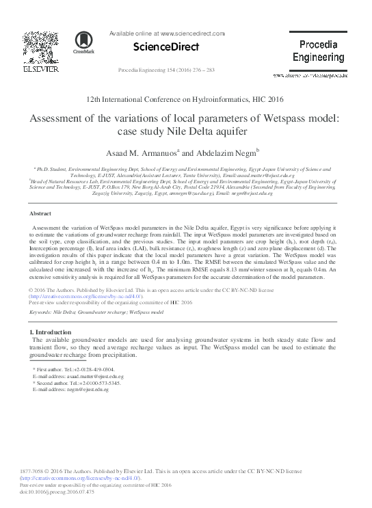 (PDF) Assessment of the variations of local parameters of Wetspass model: case study Nile Delta ...