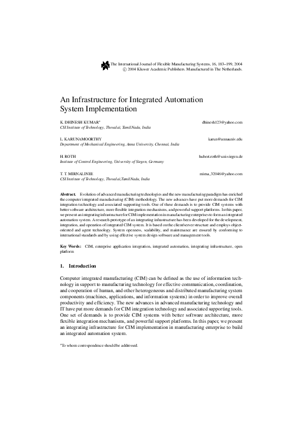(PDF) An Infrastructure for Integrated Automation System Implementation