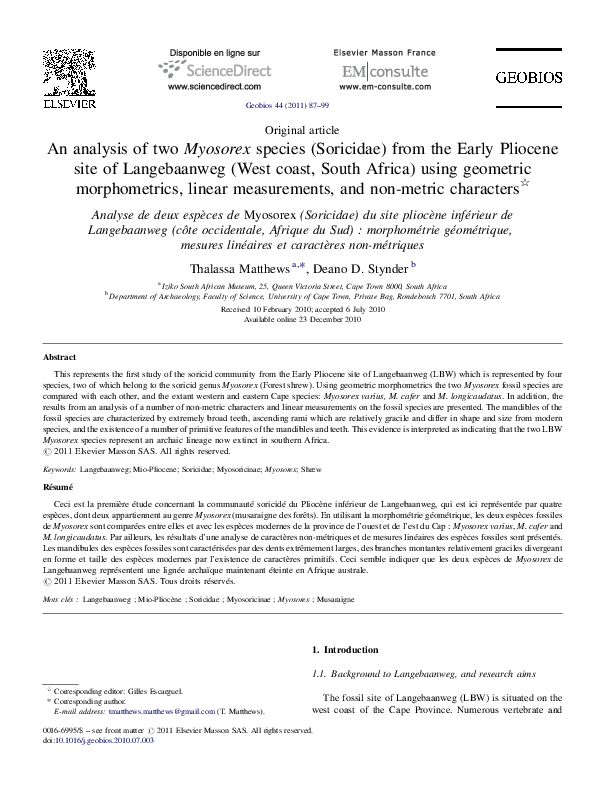 (PDF) An analysis of two Myosorex species (Soricidae) from the Early ...
