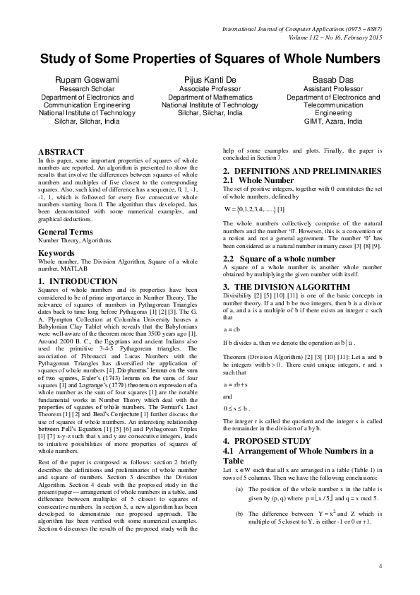 (PDF) Study of Some Properties of Squares of Whole Numbers