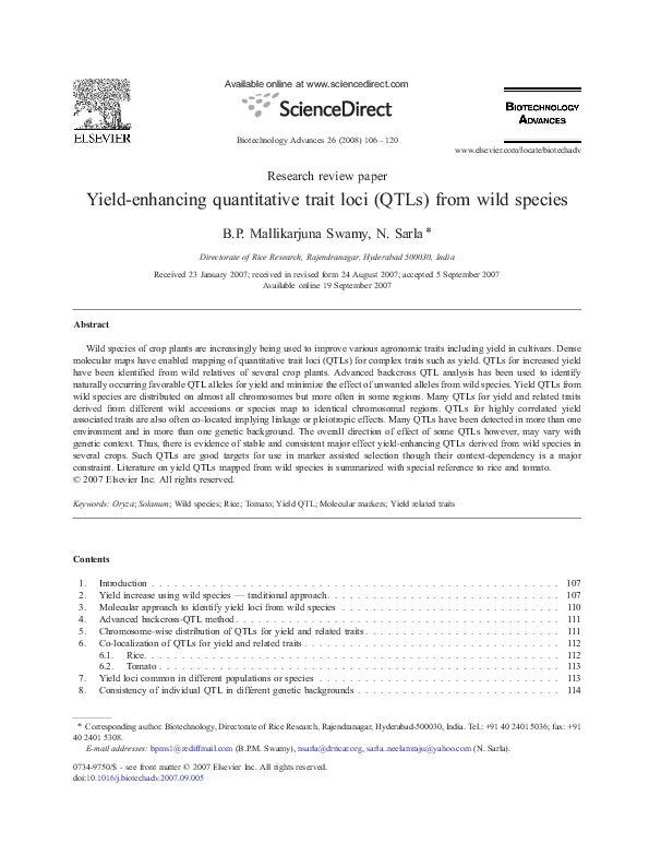Pdf Yield Enhancing Quantitative Trait Loci Qtls From Wild Species