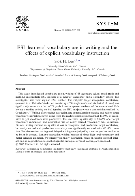 (PDF) ESL learners' vocabulary use in writing and the effects of ...