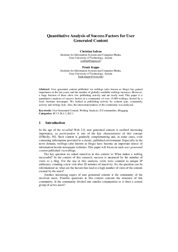 (PDF) Quantitative Analysis of Success Factors for User Generated Content