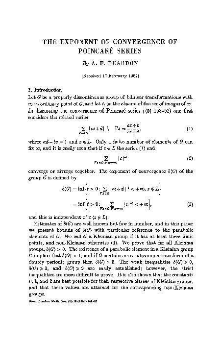 (PDF) THE EXPONENT OF CONVERGENCE OF POINCARE SERIES