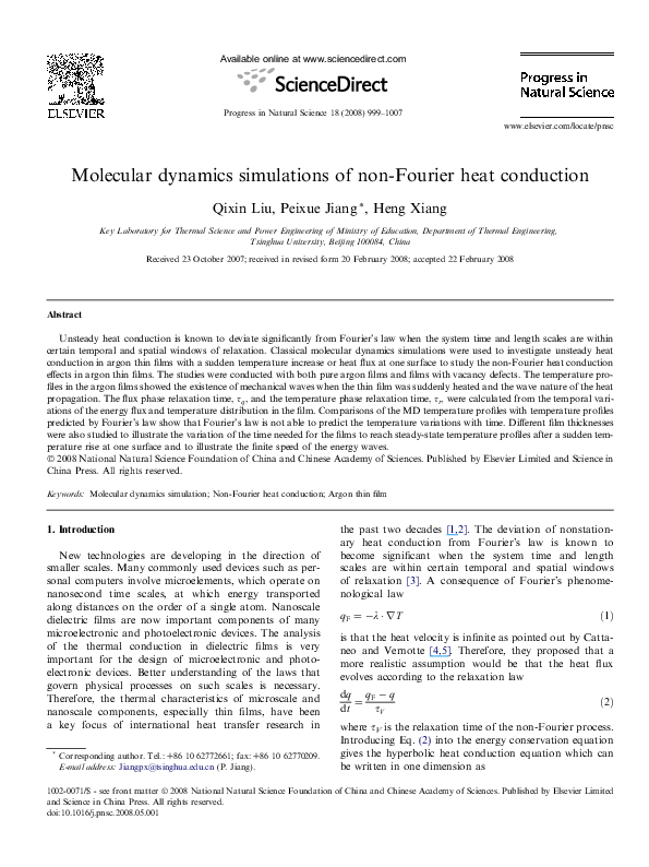 Pdf Molecular Dynamics Simulations Of Non Fourier Heat Conduction
