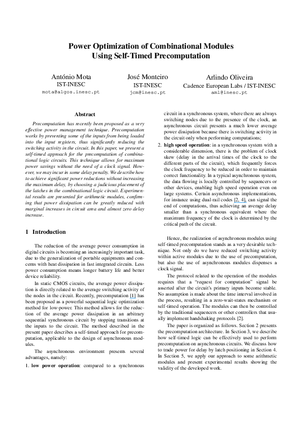 (PDF) Power optimization of combinational modules using self-timed precomputation