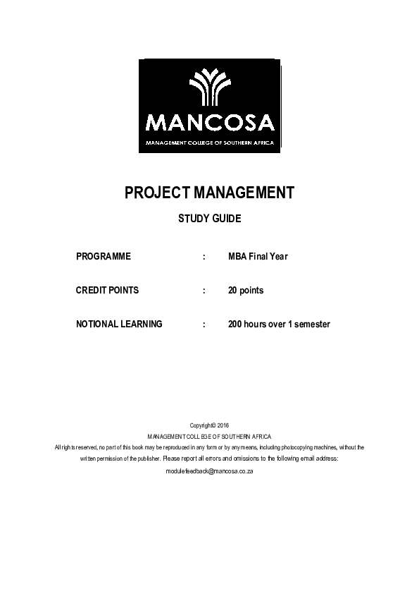 (PDF) PROJECT MANAGEMENT STUDY GUIDE PROGRAMME : MBA Final Year CREDIT ...
