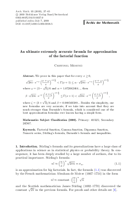Pdf An Ultimate Extremely Accurate Formula For Approximation Of The Factorial Function