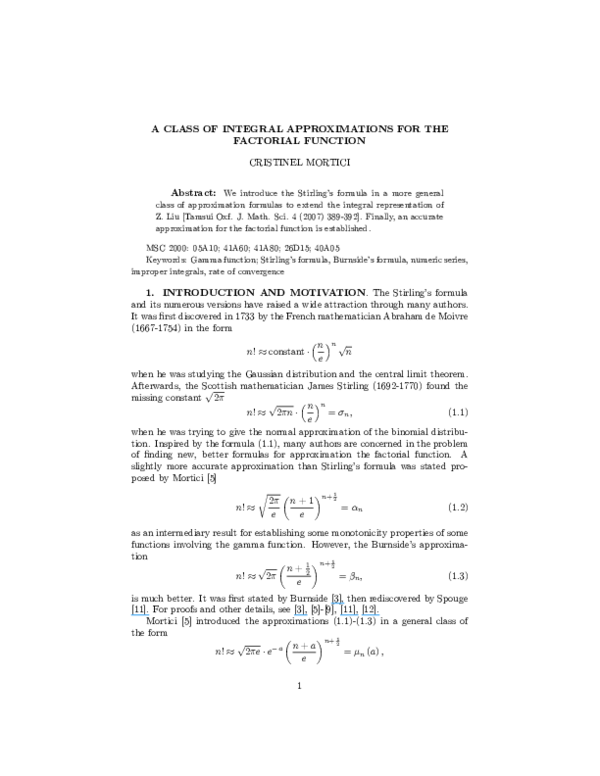 (PDF) A class of integral approximations for the factorial function