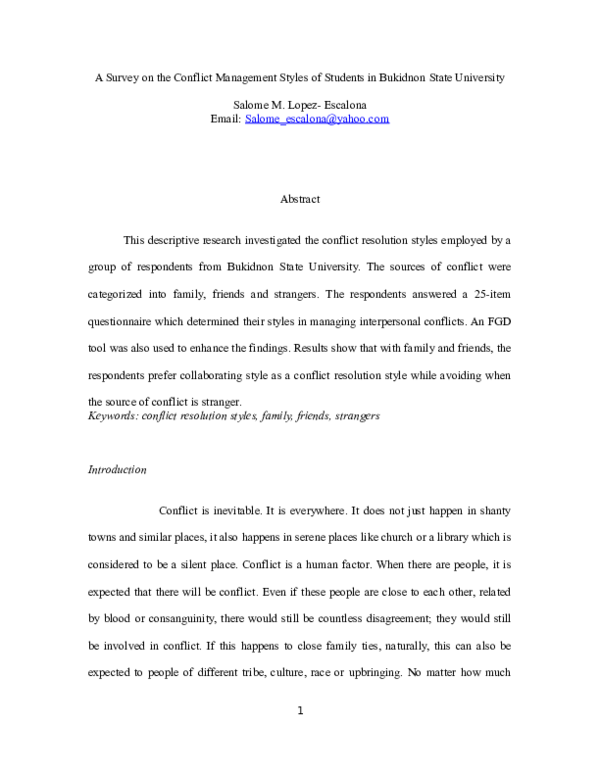 (DOC) A Survey on the Conflict Management Styles of Students in ...