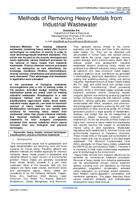 (PDF) Methods of Removing Heavy Metals from Industrial Wastewater