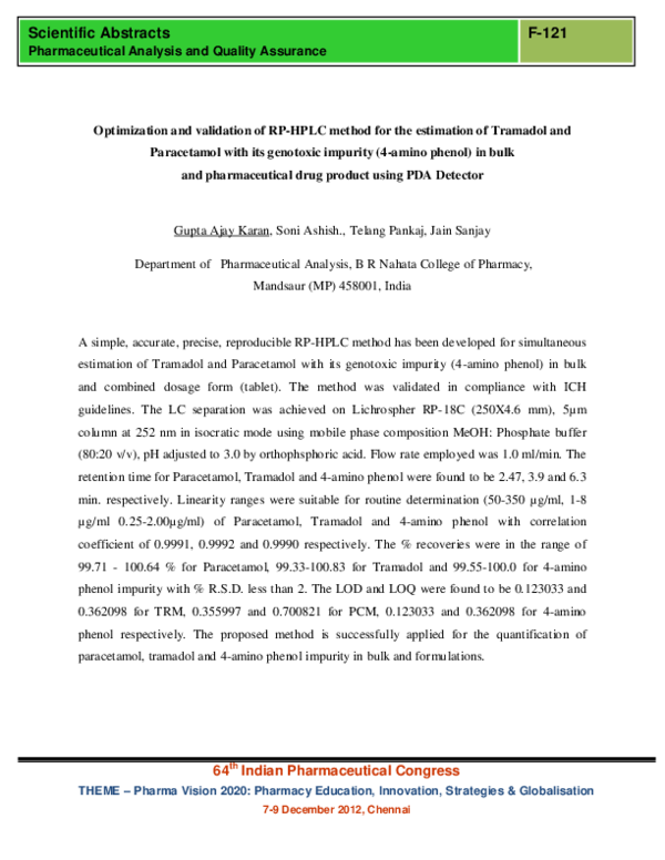 (PDF) Optimization and validation of RP-HPLC method for the estimation of Tramadol and ...