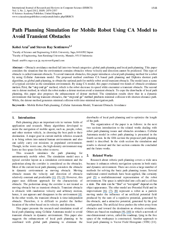 (PDF) Path Planning Simulation for Mobile Robot Using CA Model to Avoid Transient Obstacles