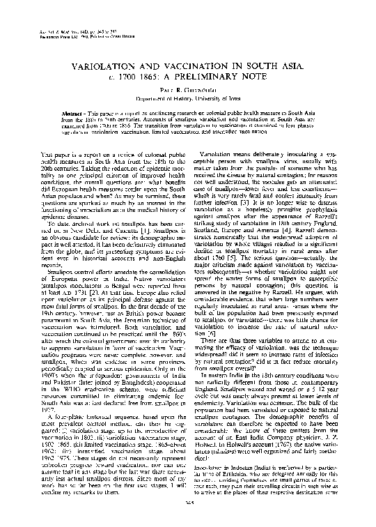 (PDF) Variolation and vaccination in South Asia, c. 1700–1865: A ...