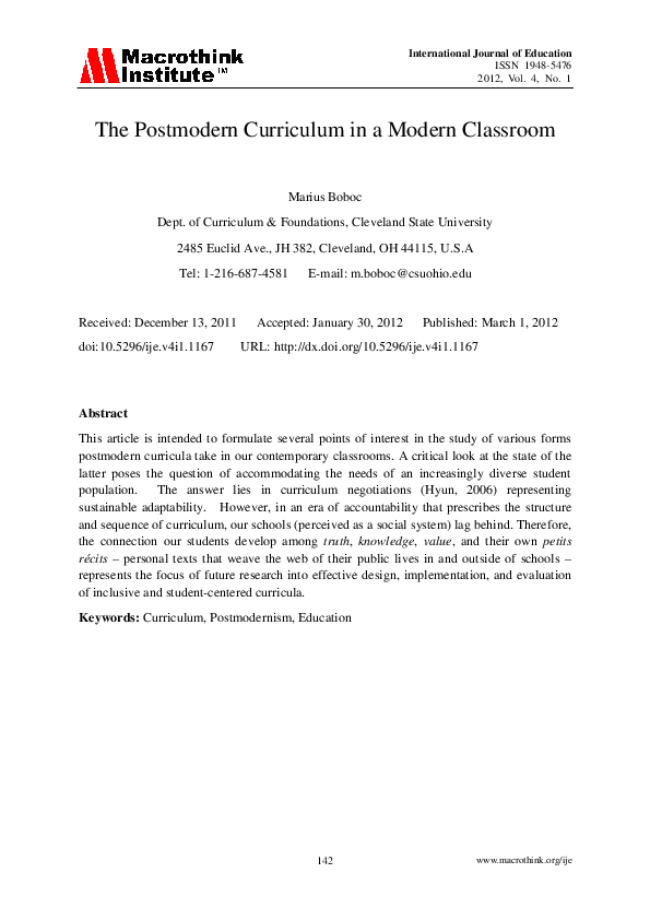 (PDF) The Postmodern Curriculum in a Modern Classroom