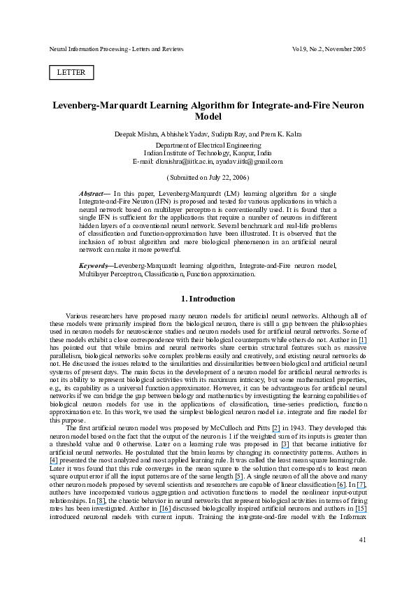 (PDF) Levenberg-Marquardt Learning Algorithm for Integrate-and-Fire Neuron Model
