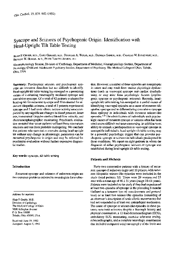 (PDF) Syncope and seizures of psychogenic origin: Identification with ...