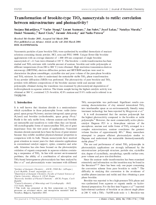 (PDF) Transformation of brookite-type TiO2 nanocrystals to rutile: correlation between ...