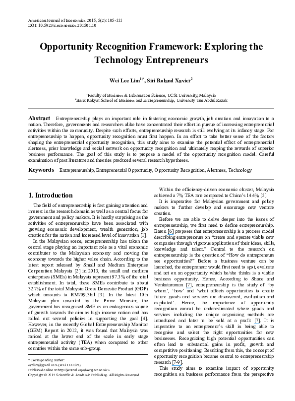 (PDF) Opportunity Recognition Framework: Exploring the Technology ...