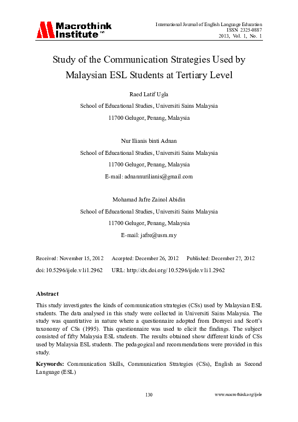 (PDF) Study of the Communication Strategies Used by Malaysian ESL Students at Tertiary Level