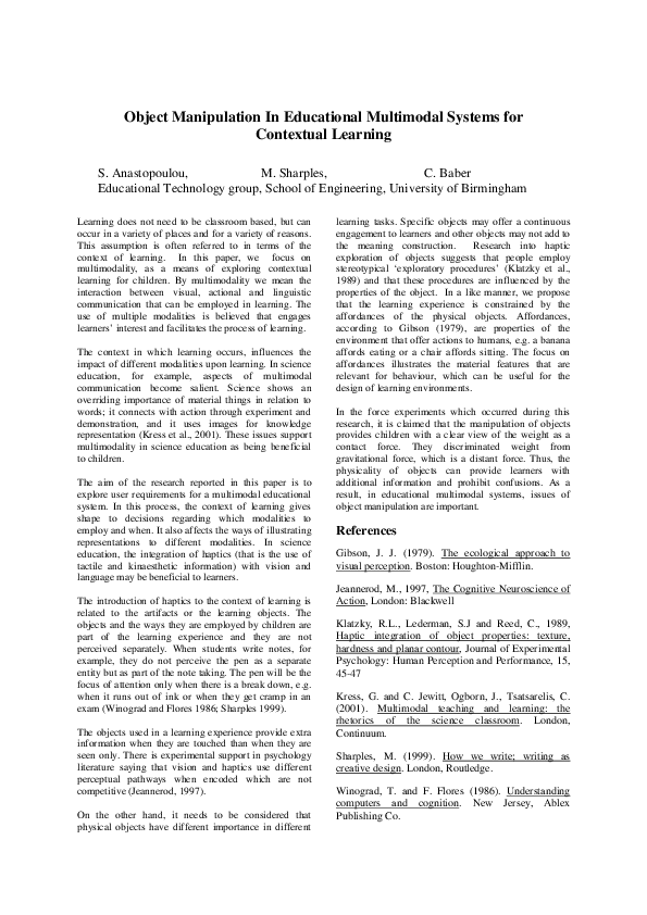 (PDF) Object Manipulation In Educational Multimodal Systems for Contextual Learning