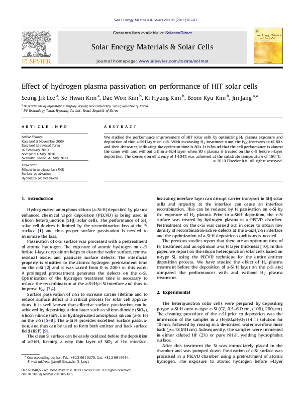 (PDF) Effect of hydrogen plasma passivation on performance of HIT solar ...