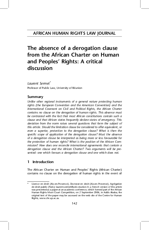 (PDF) The absence of a derogation clause from the African Charter on ...